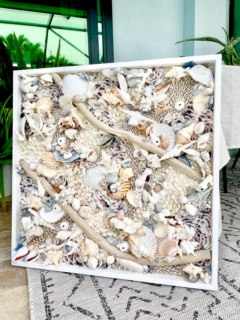 Handmade Coastal Shell Wall Art -natural Driftwood & Shells, Blue White ...