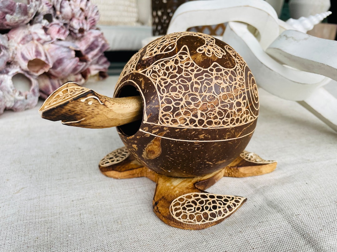 TURTLE LOVERS Handmade Carved Coconut Shell Bobbing Bobble Head Coastal ...