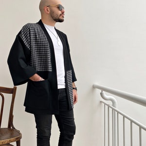 Men's Japanese Kimono Cardigan, Fall Patchwork Haori Jacket, Streetwear ...