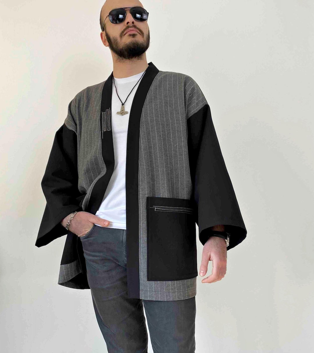 Men's Sashiko Haori Jacket, Kimono Fall Cardigan, Oversized Streetwear ...