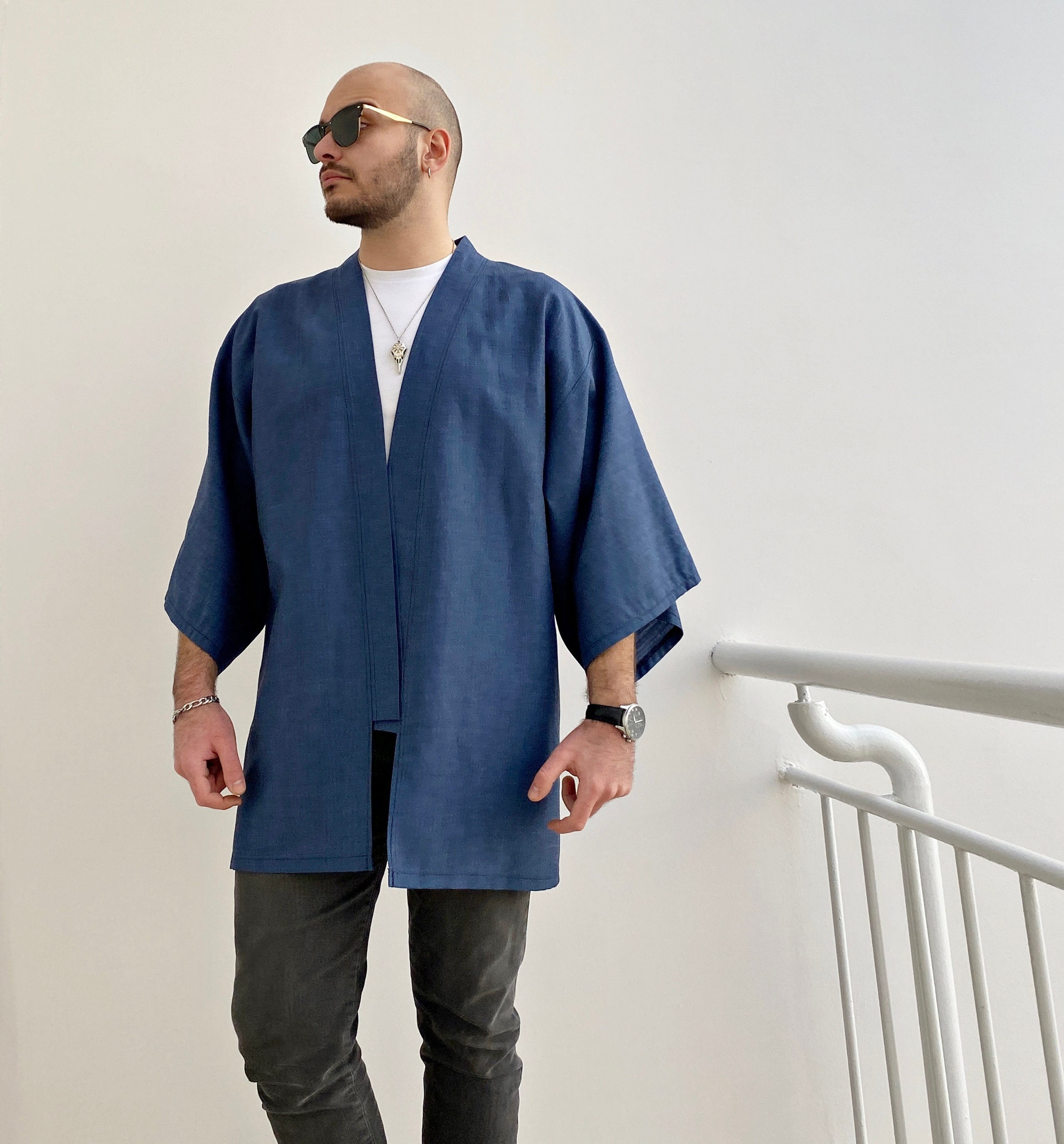Linen Haori Kimono, Gender Neutral Japanese Style Jacket, Blue Yukata ...