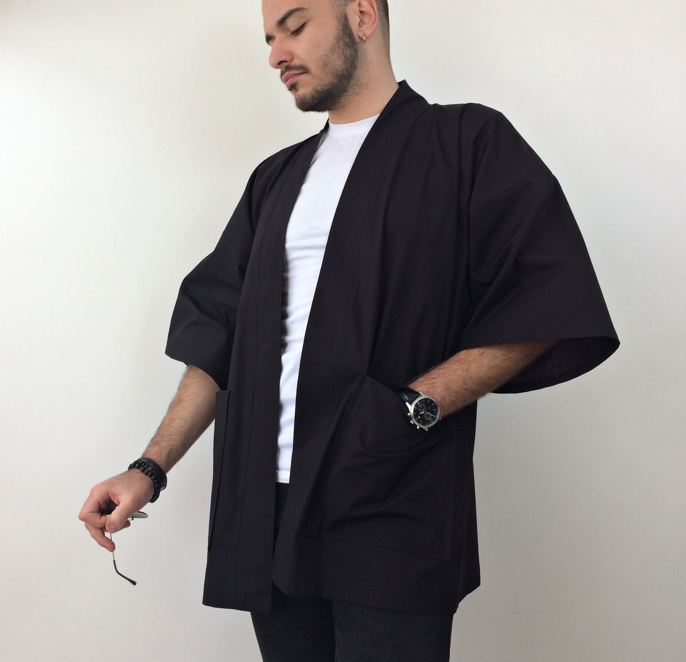 Man Haori Jacket Black Streetwear Kimono Linen Loose Yukata - Etsy
