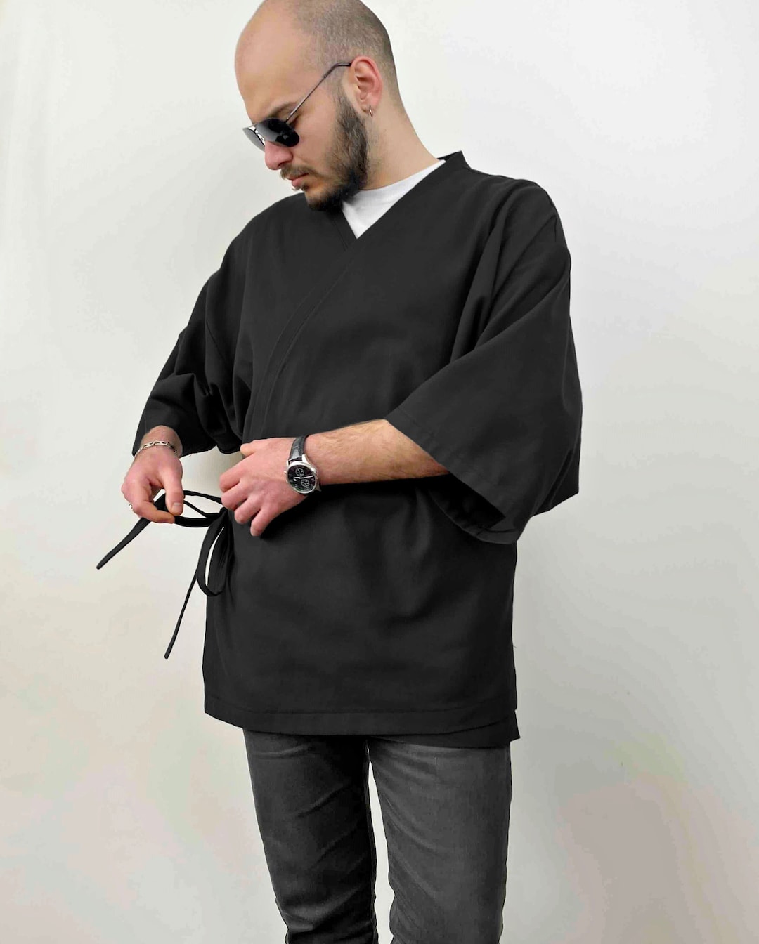 Men's Cotton Wrap Kimono, Black Samue Loungewear, Gray Linen Haori - Etsy