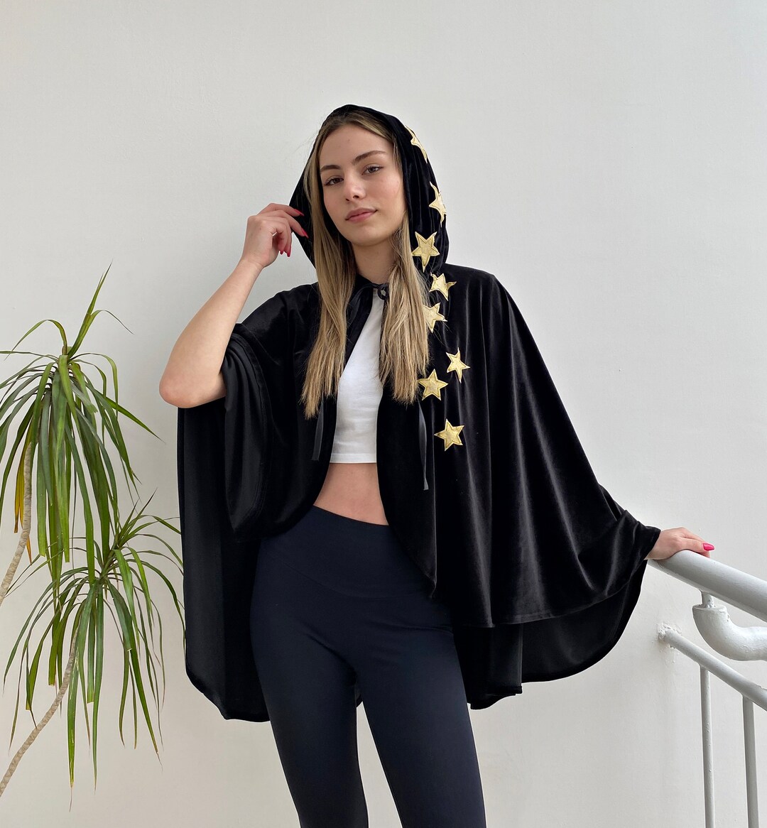 Black Velvet Cape, Women's Halloween Costume, Magical Star Cloak ...