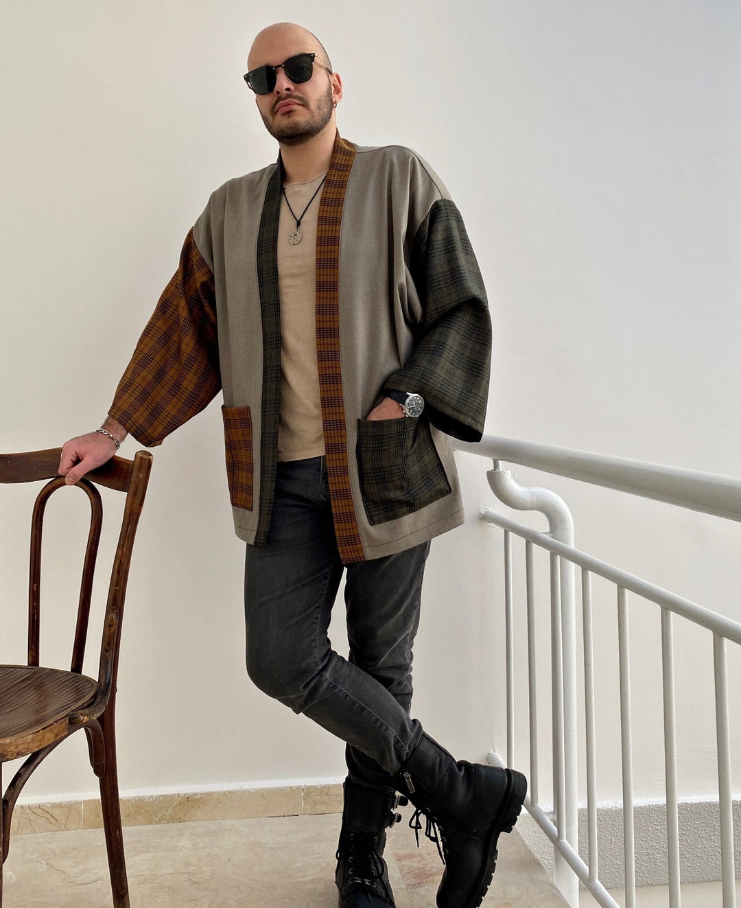 Haori Kimono Cardigan, Modern Patchwork Noragi, Men's Japanese Coat ...
