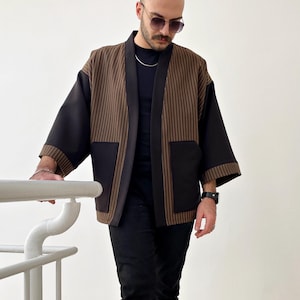 Haori Kimono Cardigan, Modern Patchwork Noragi, Men's Japanese Coat ...