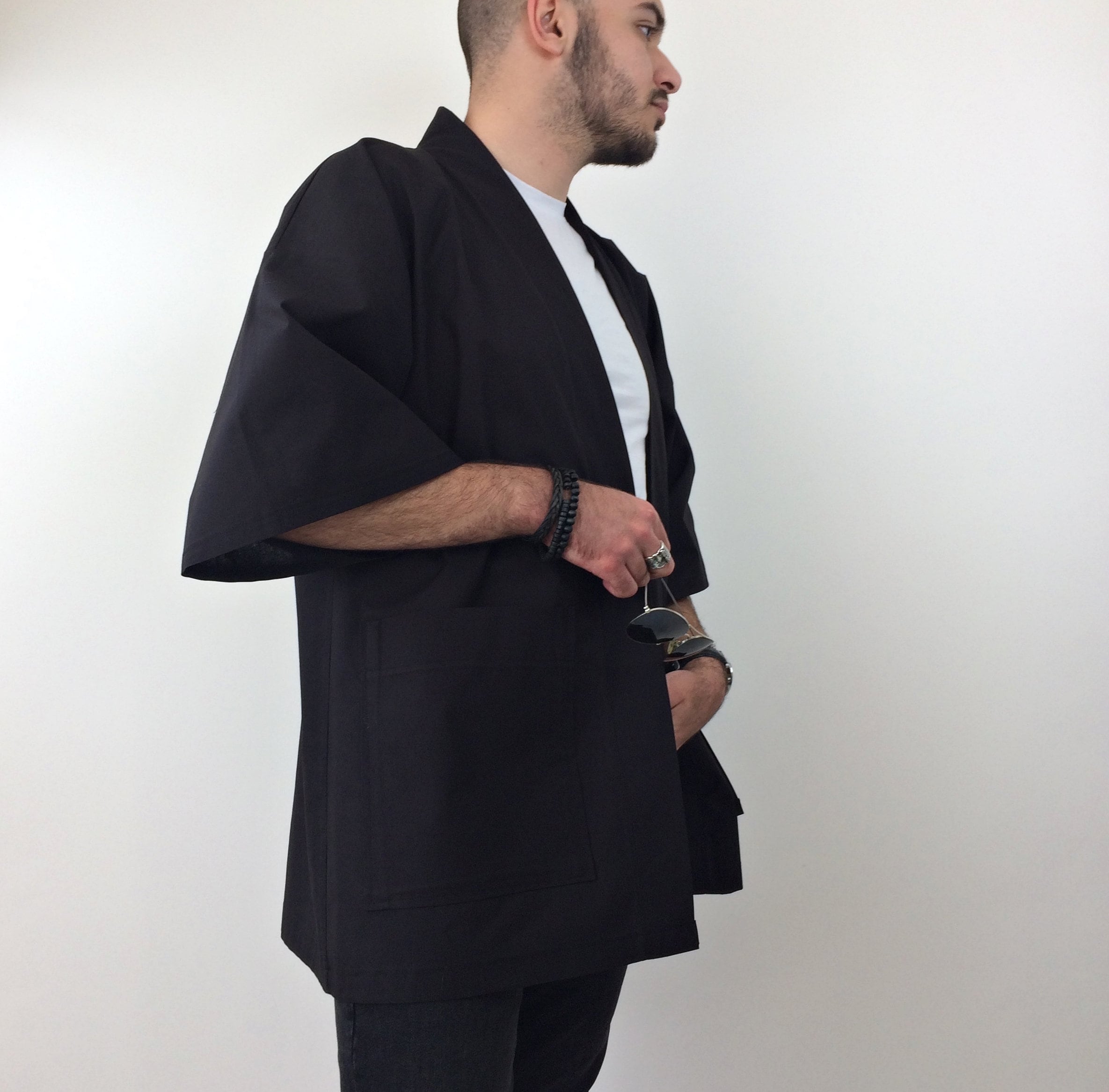 Men's Japanese Kimono Cardigan, Black Linen Cotton Haori Jacket ...