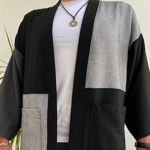 Men's Japanese Style Coat, Fall Kimono Cardigan, Loose Haori Patchwork ...