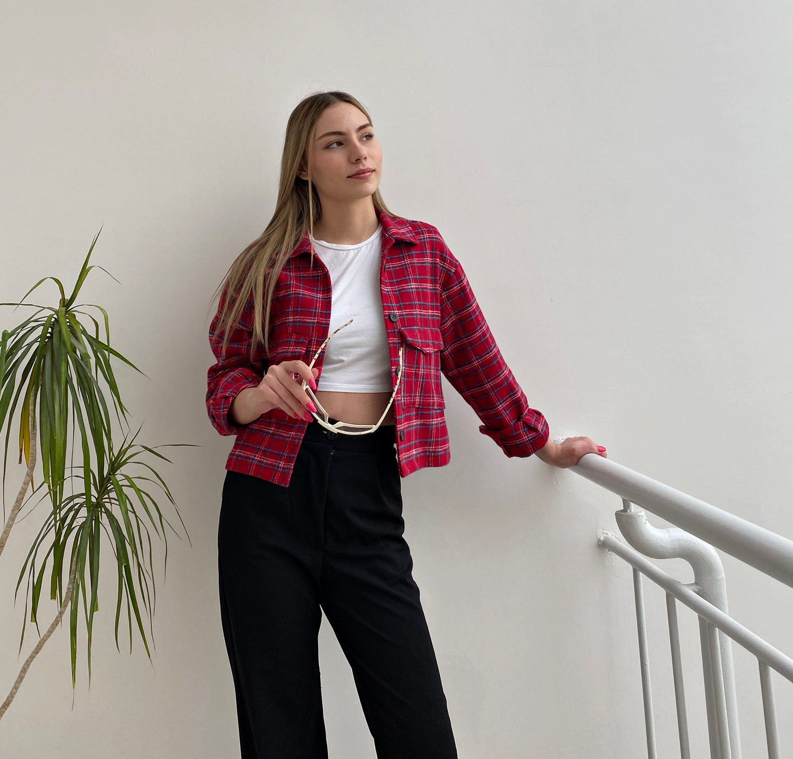 Red Plaid Cropped Shacket, Women's Oversized Shirt Jacket - Etsy