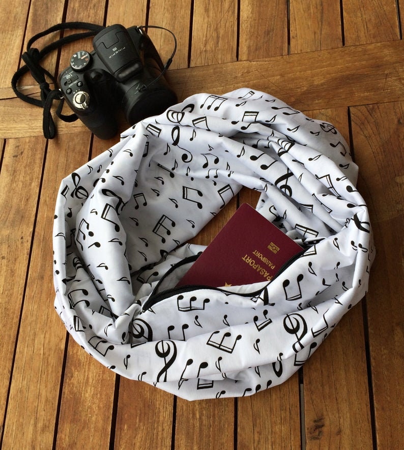 Musical Notes Infinity Scarf, Secret Pocket Travel Scarf, Hidden Zipper ...