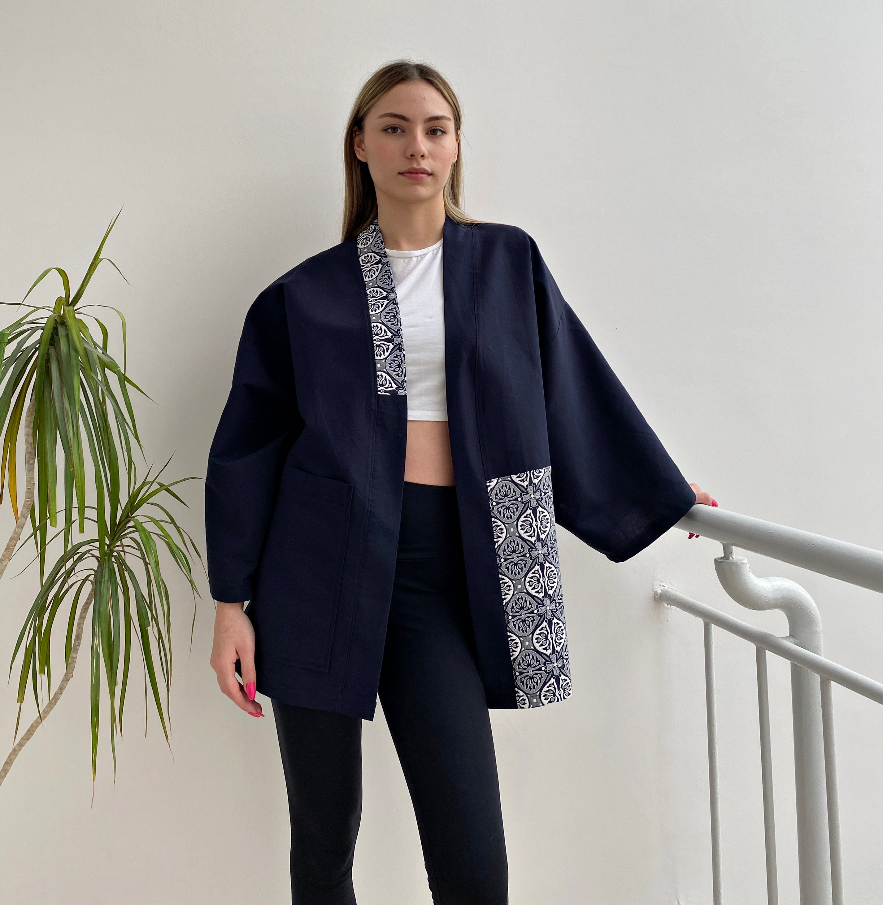 Linen Minimalist Men's Kimono, Navy Blue Noragi Jacket, Traditional ...