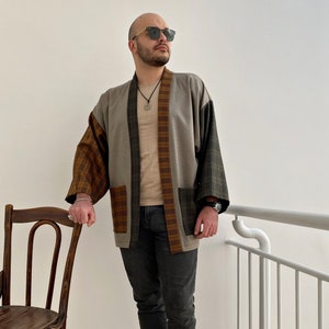 Haori Kimono Cardigan, Modern Patchwork Noragi, Men's Japanese Coat ...