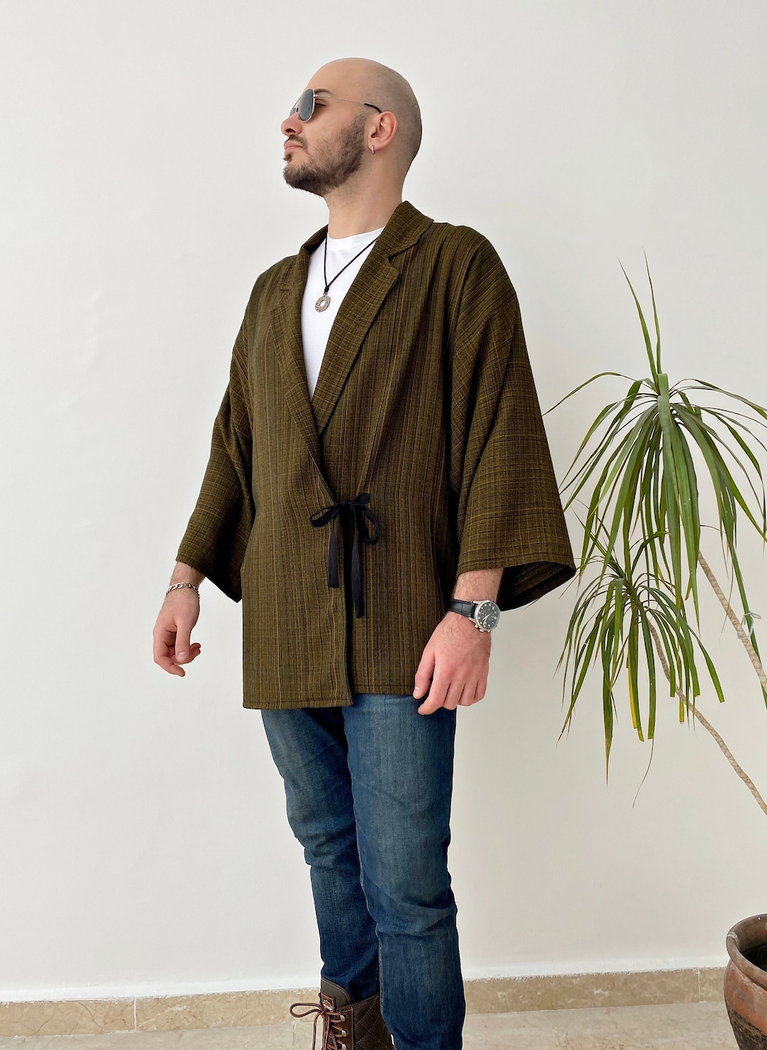 Japanese Style Blazer Jacket, Linen Striped Loose Kimono, Men's Haori ...