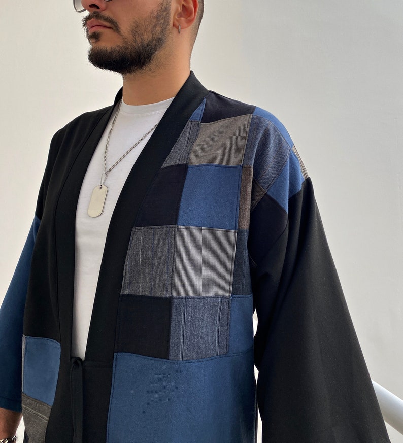 Boho Patchwork Haori Jacket, Men's Japanese Kimono, Retro-inspired Cardigan, Streetwear Pieced ...