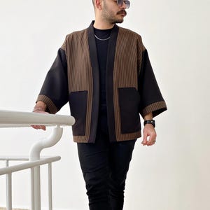 Haori Kimono Cardigan, Modern Patchwork Noragi, Men's Japanese Coat ...