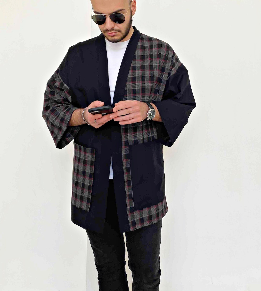 Men's Plaid Cotton Haori Jacket, Japanese Kimono Cardigan - Etsy