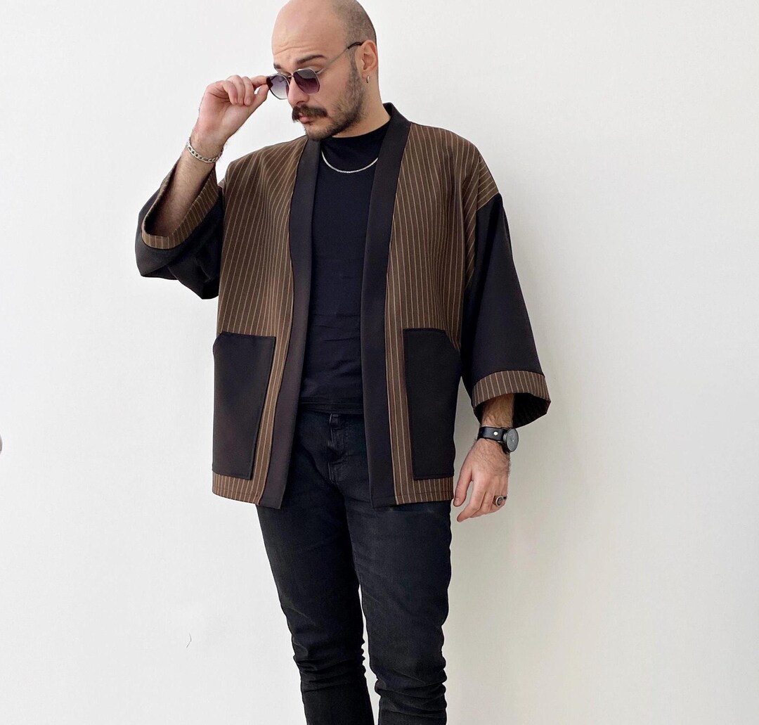 Haori Kimono Cardigan, Modern Patchwork Noragi, Men's Japanese Coat ...