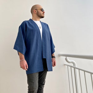 Linen Haori Kimono, Gender Neutral Japanese Style Jacket, Blue Yukata ...