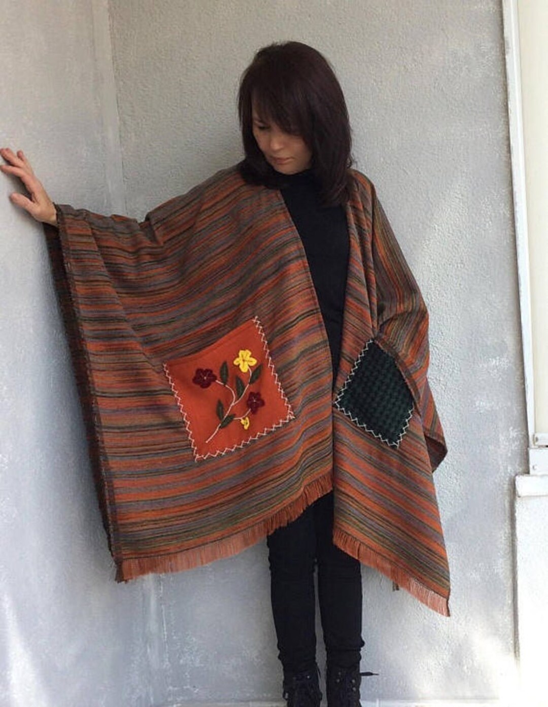 Fall Apparel Embroidery Pocket Poncho, Oversize Women Cloak, Blanket ...
