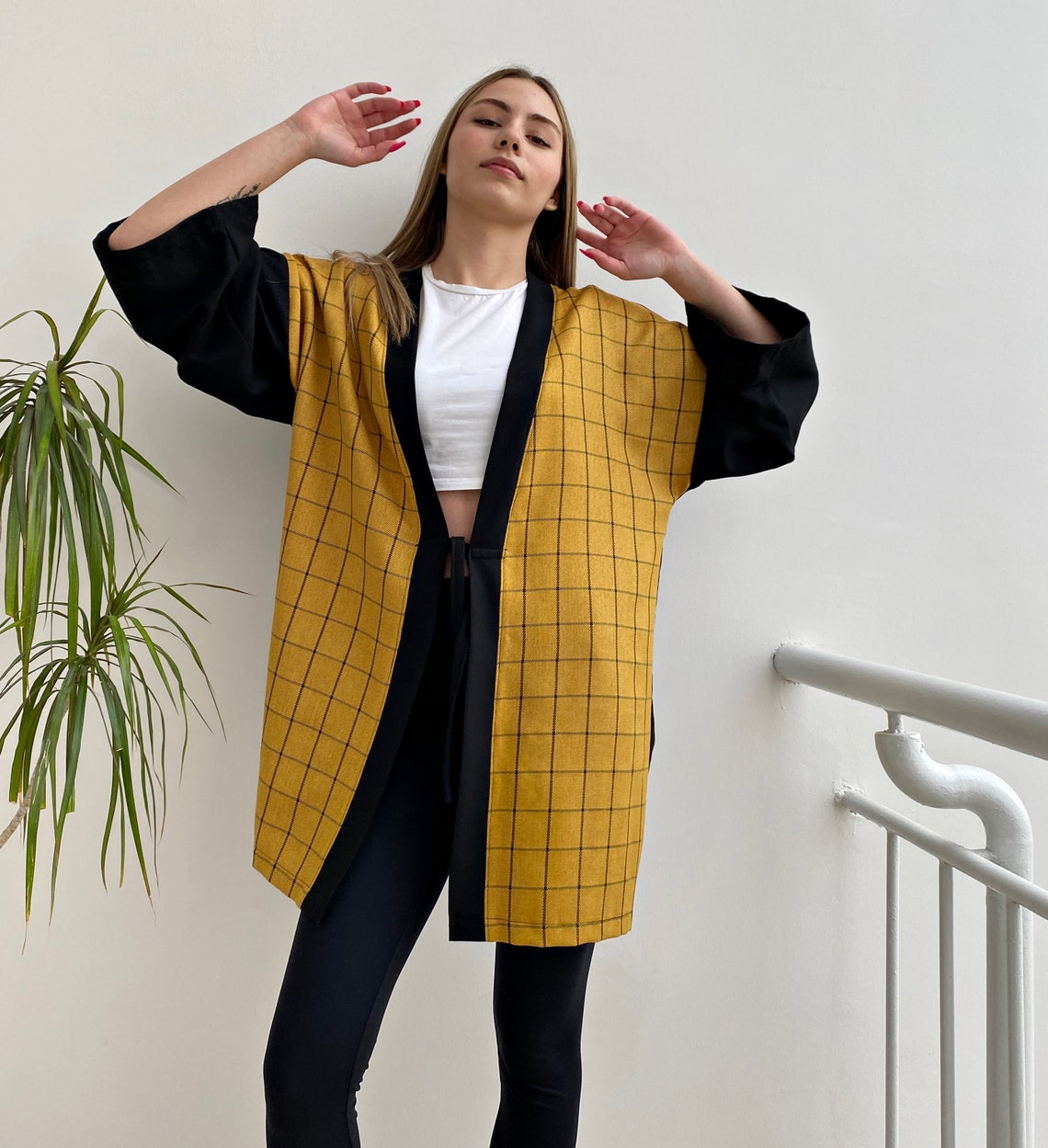 Womens Haori Jacket, Checkered Cotton Linen Kimono Cardigan - Etsy