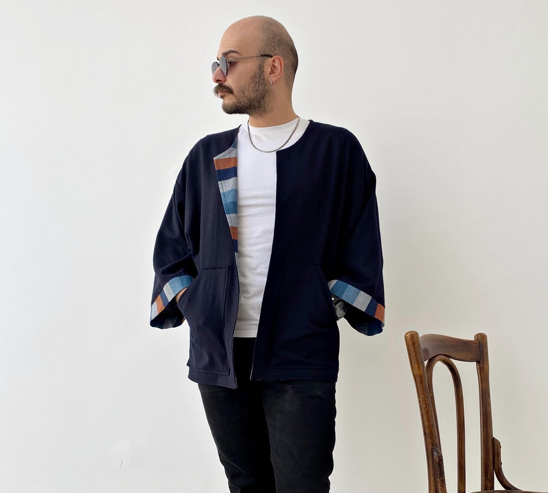 Japanese Style Blazer Jacket, Linen Blend Loose Kimono, Men's Haori ...