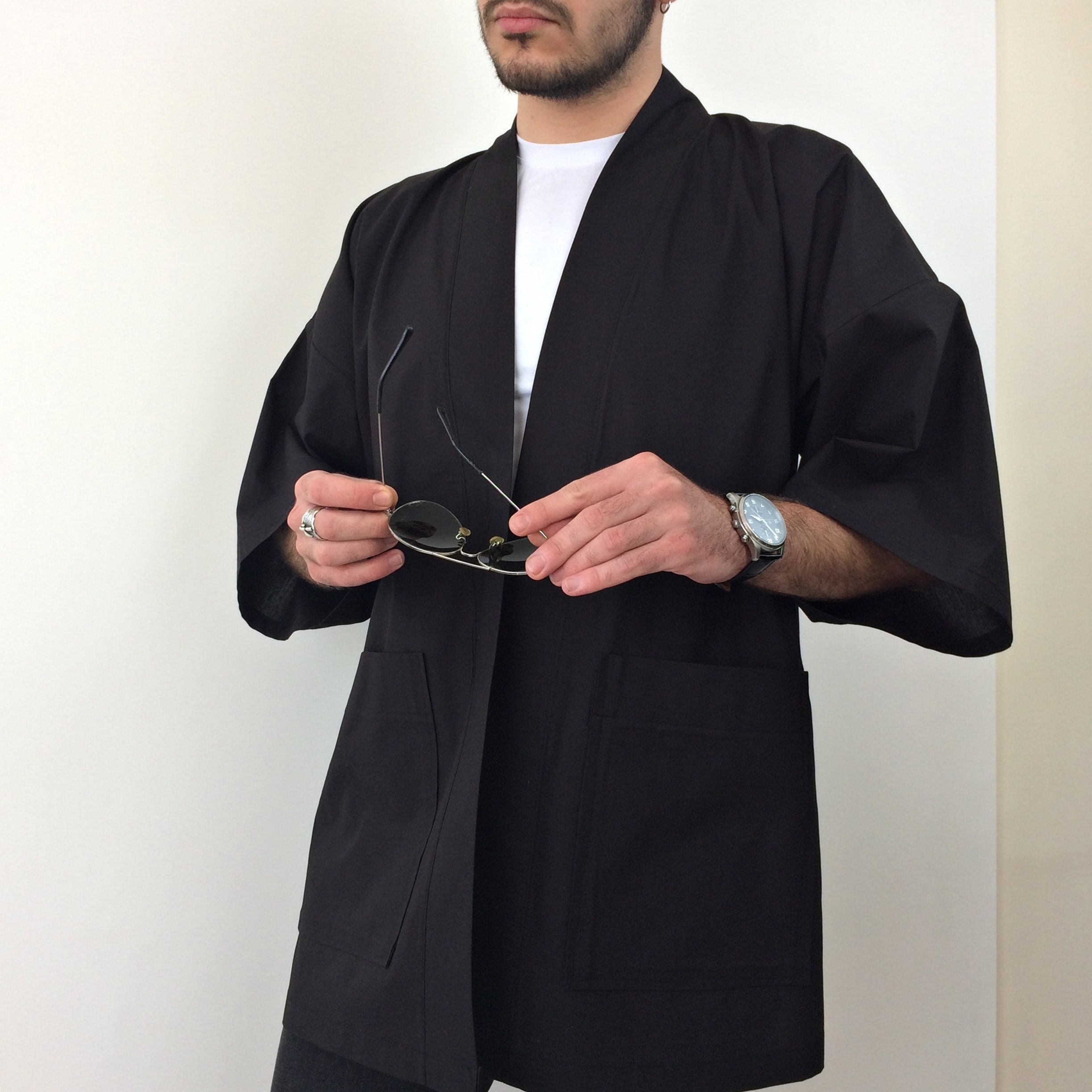 Men's Japanese Kimono Cardigan, Black Linen Cotton Haori Jacket ...