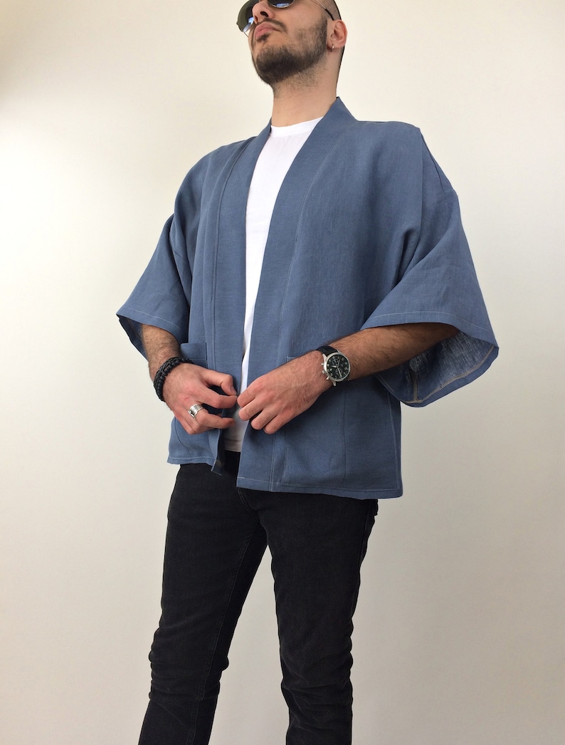 Blue Linen Blend Haori Jacket, Loose Fit Kimono Cardigan - Etsy