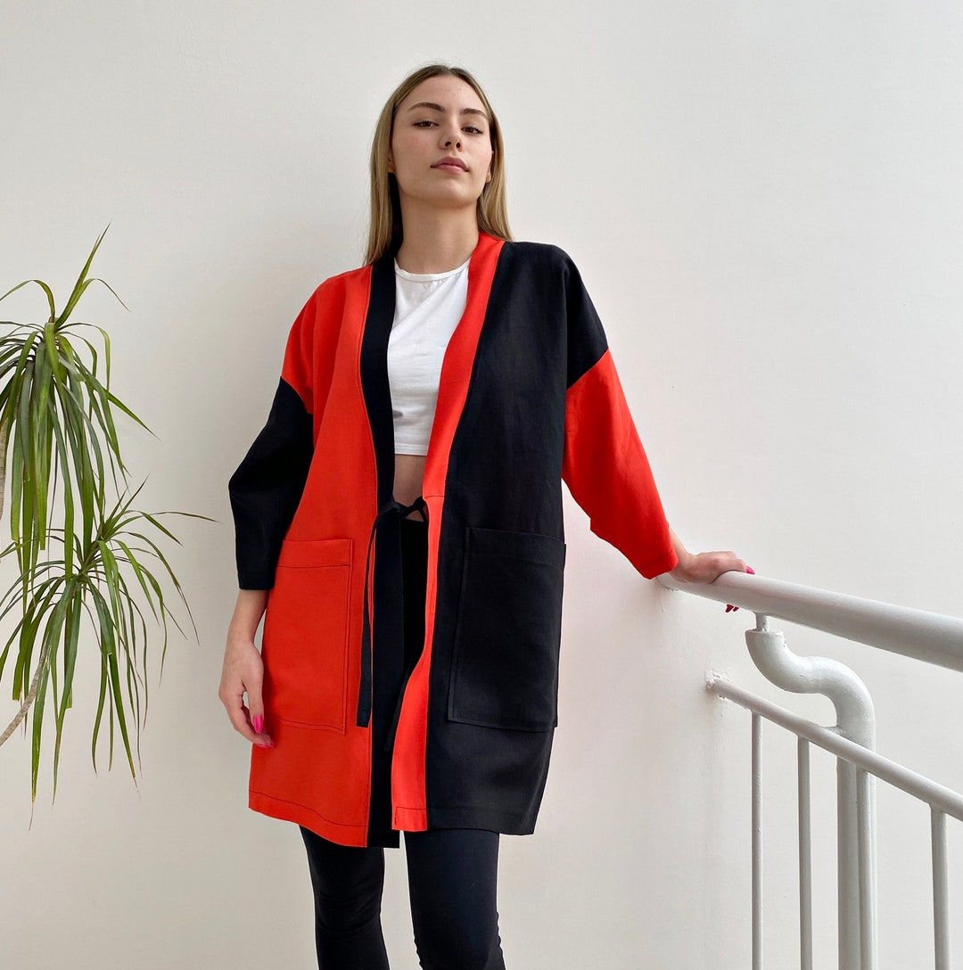 Colorblock Kimono Style Jacket, Linen Haori Coat, Japanese Kimono ...