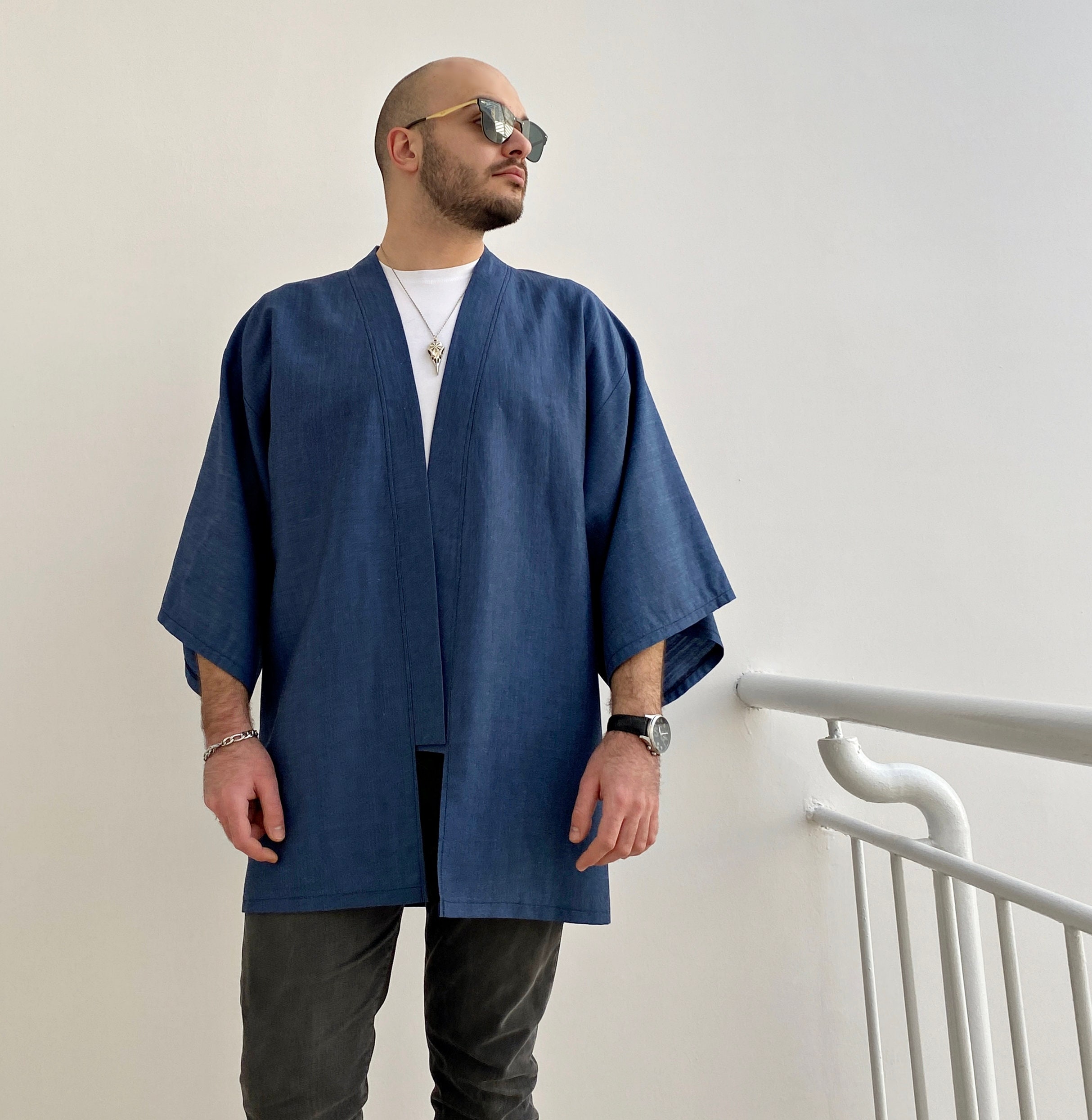 Linen Haori Kimono, Gender Neutral Japanese Style Jacket, Blue Yukata ...