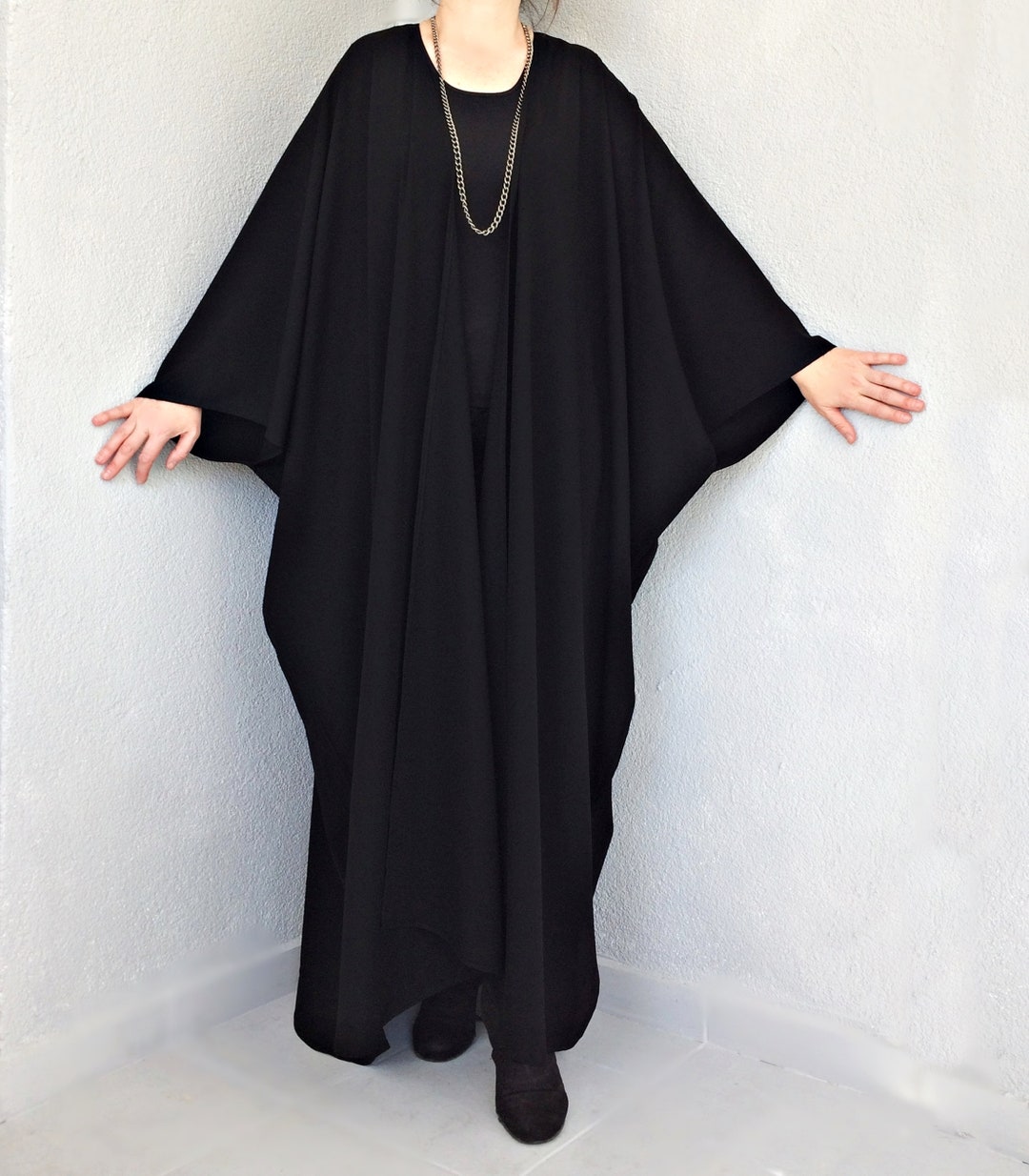 Black Long Kimono, Oversized Maxi Poncho, Kimono Dressing Gown, Boho ...