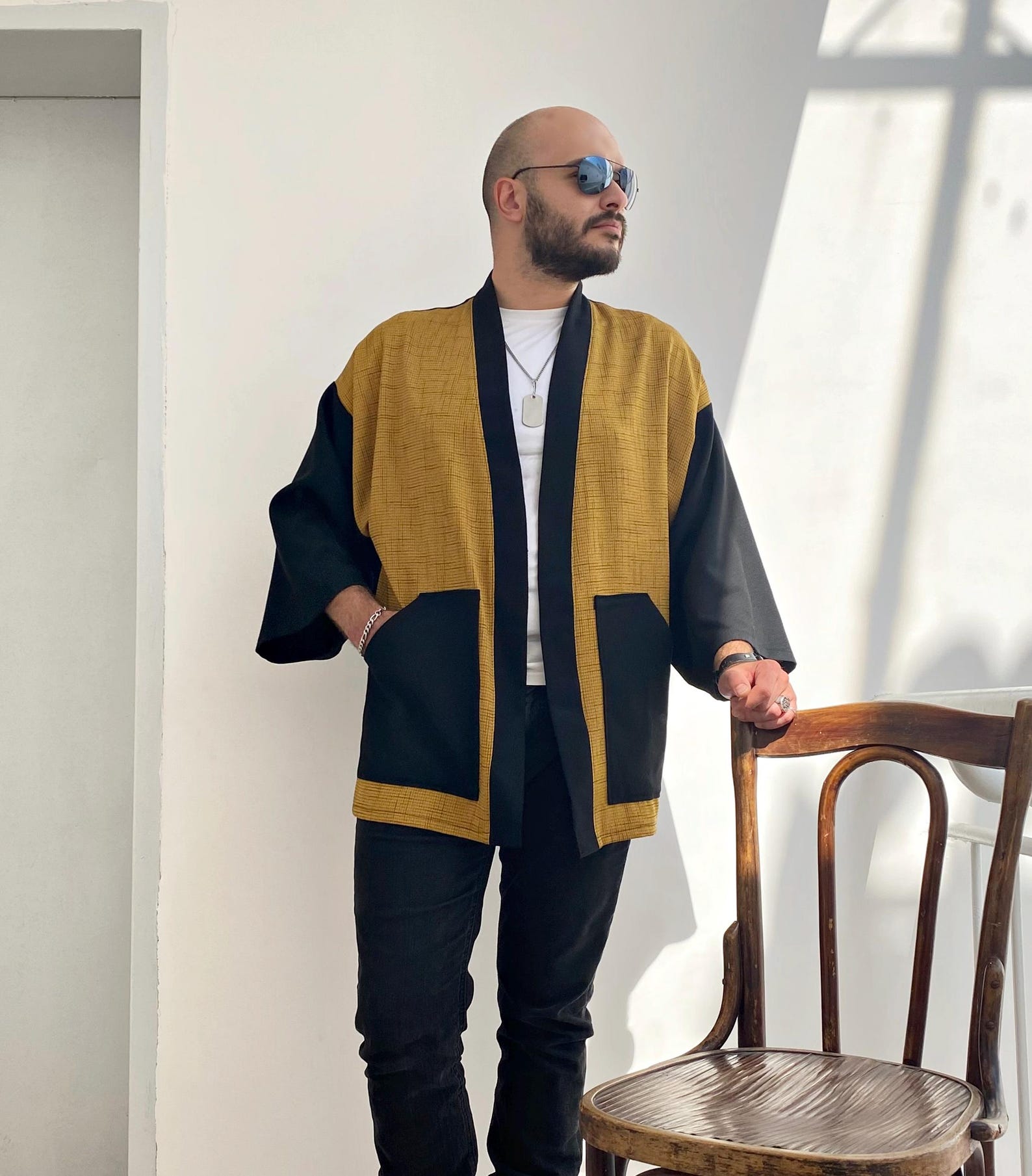 Mustard Men's Haori, Japanese Kimono Jacket, Baggy Flax Cardigan, Urban ...