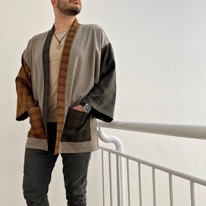 Haori Kimono Cardigan, Modern Patchwork Noragi, Men's Japanese Coat ...