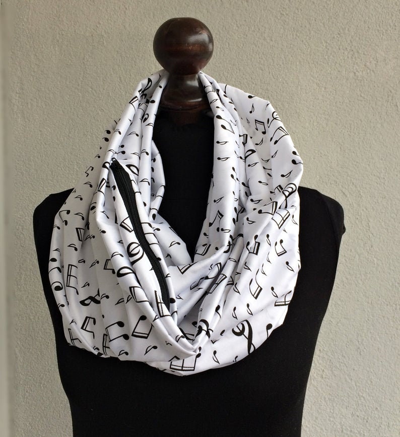Musical Notes Infinity Scarf, Secret Pocket Travel Scarf, Hidden Zipper ...