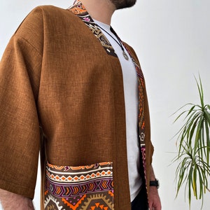 Linen Patchwork Unisex Kimono, Japanese Men's Haori Jacket, Modern ...