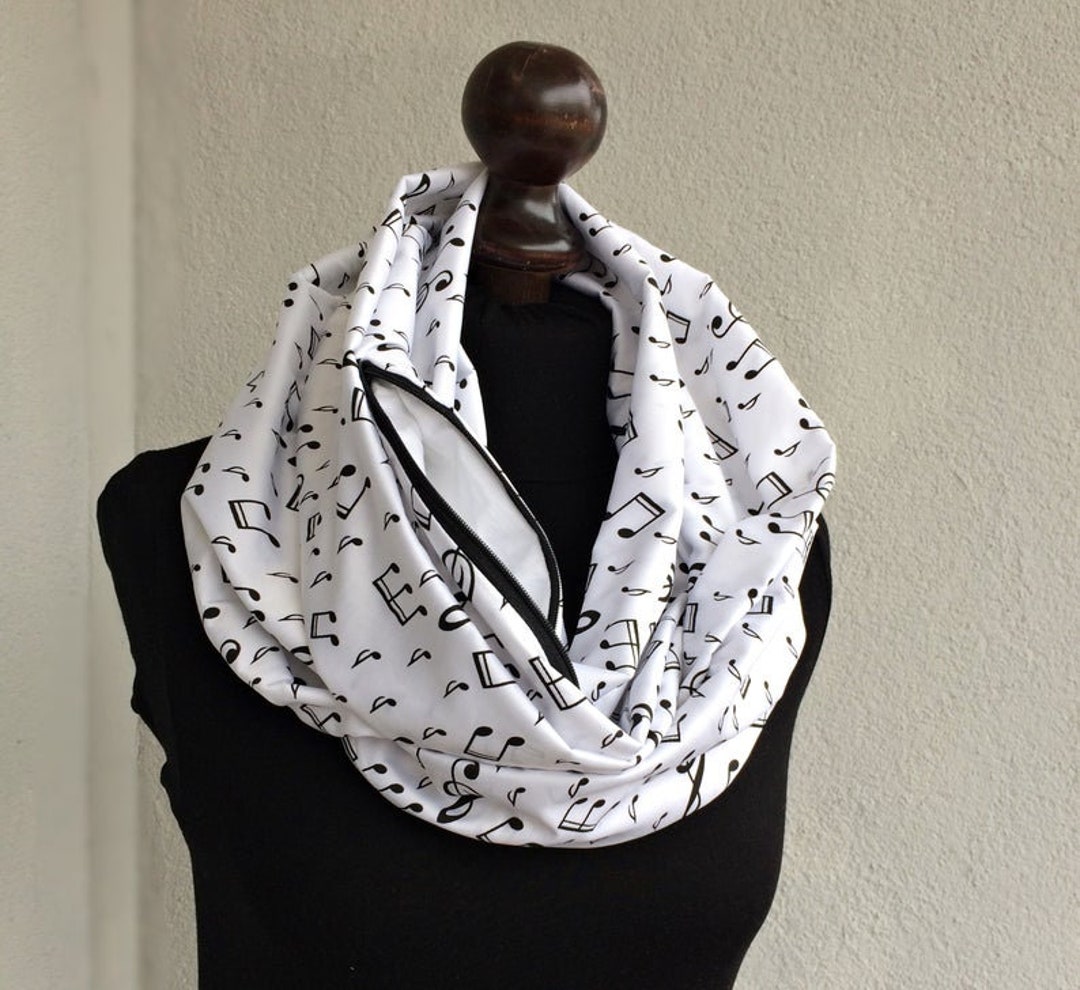 Musical Notes Infinity Scarf, Secret Pocket Travel Scarf, Hidden Zipper ...