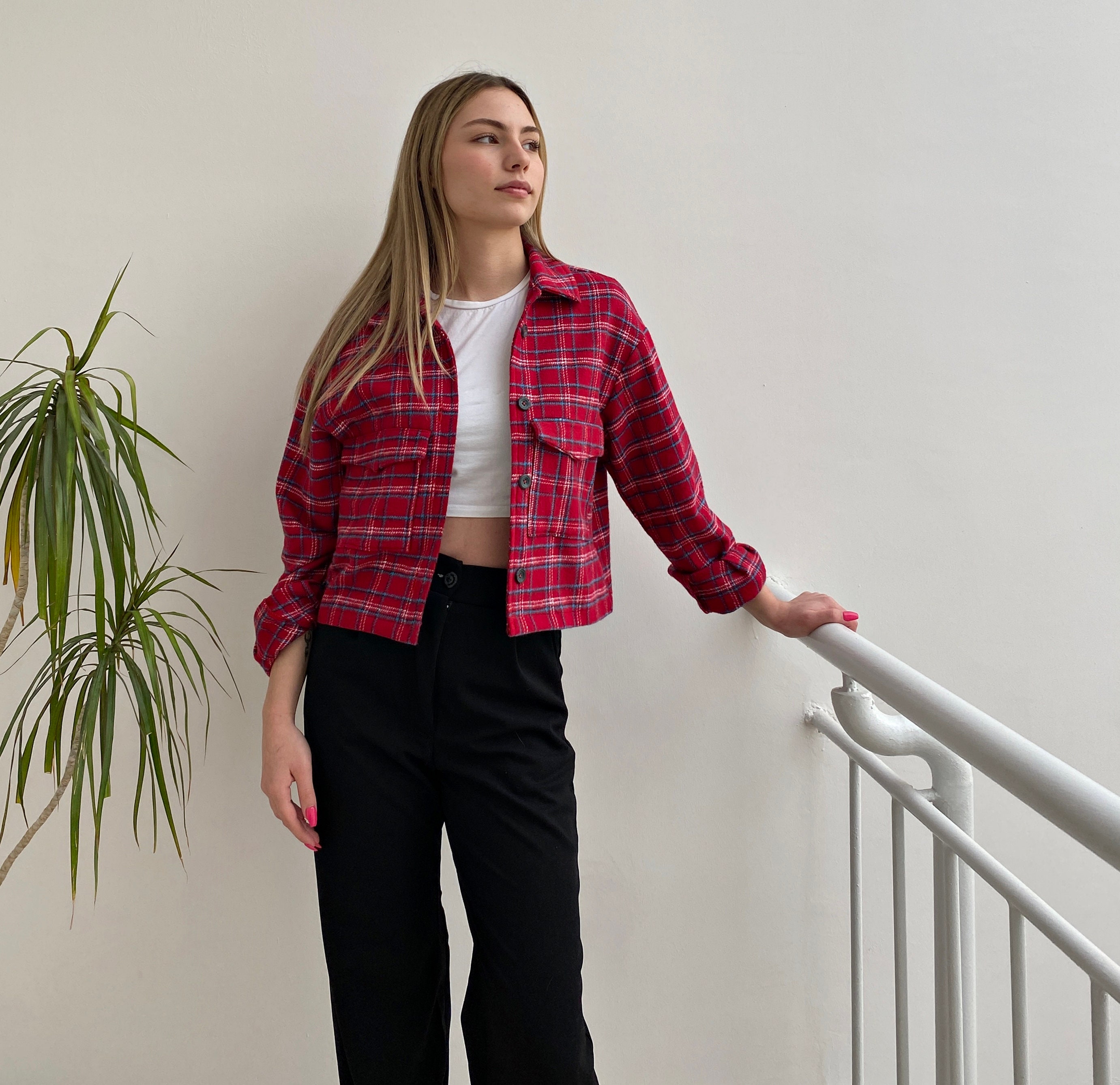 Red Plaid Cropped Shacket, Women's Oversized Shirt Jacket - Etsy