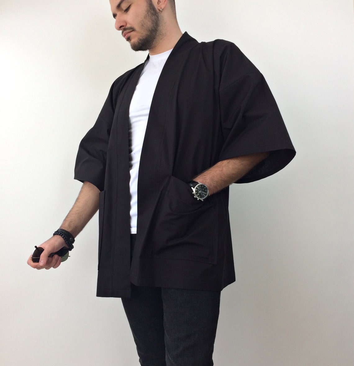 Men's Japanese Kimono Cardigan Black Linen Cotton Haori - Etsy