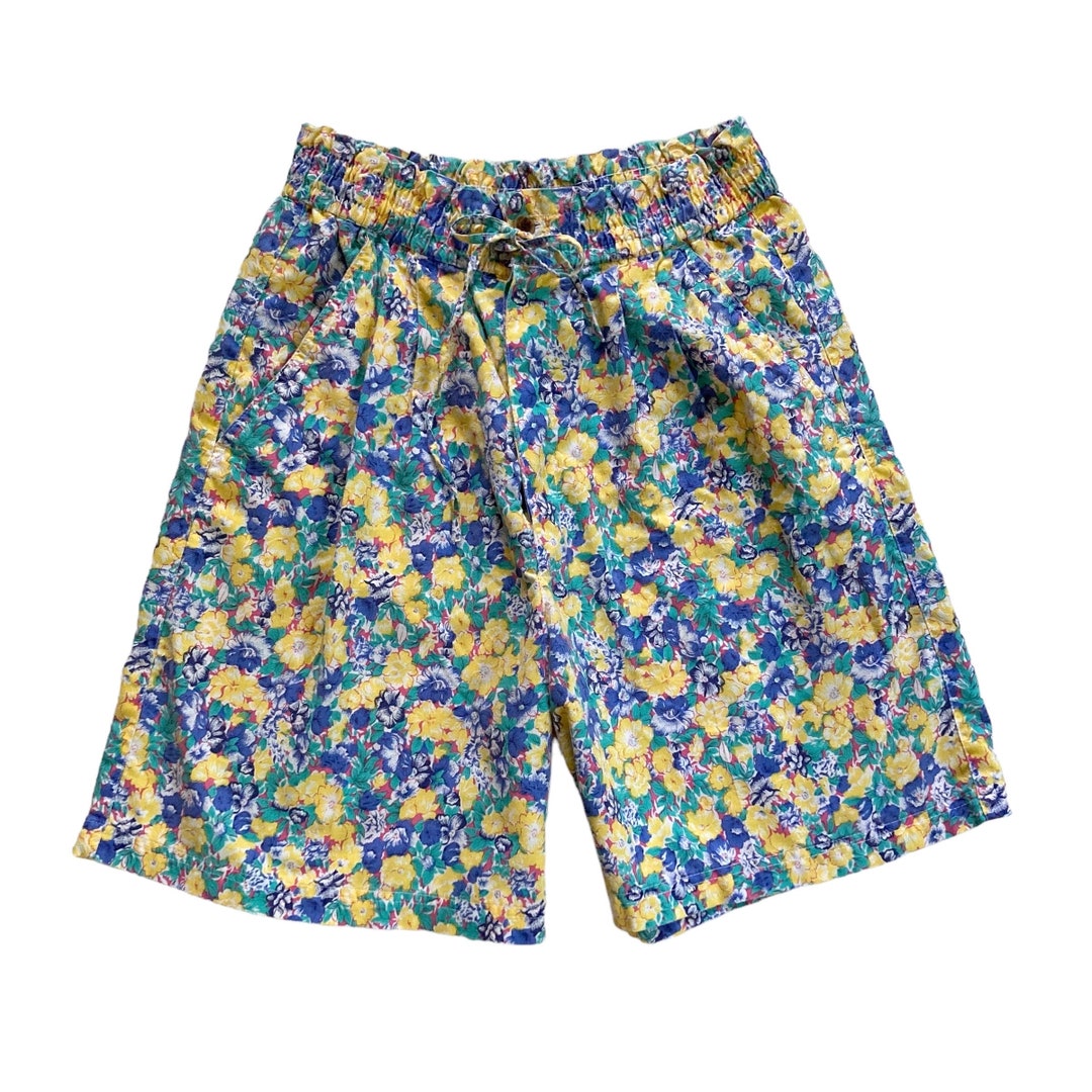 80s 90s Vintage High Waisted Blue and Yellow Floral Shorts Made by ...
