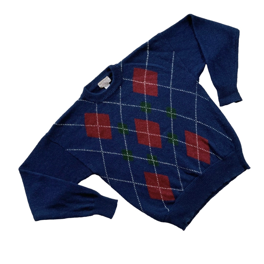 70s 80s Vintage Preppy Indigo Blue Argyle Wool Sweater Made by - Etsy