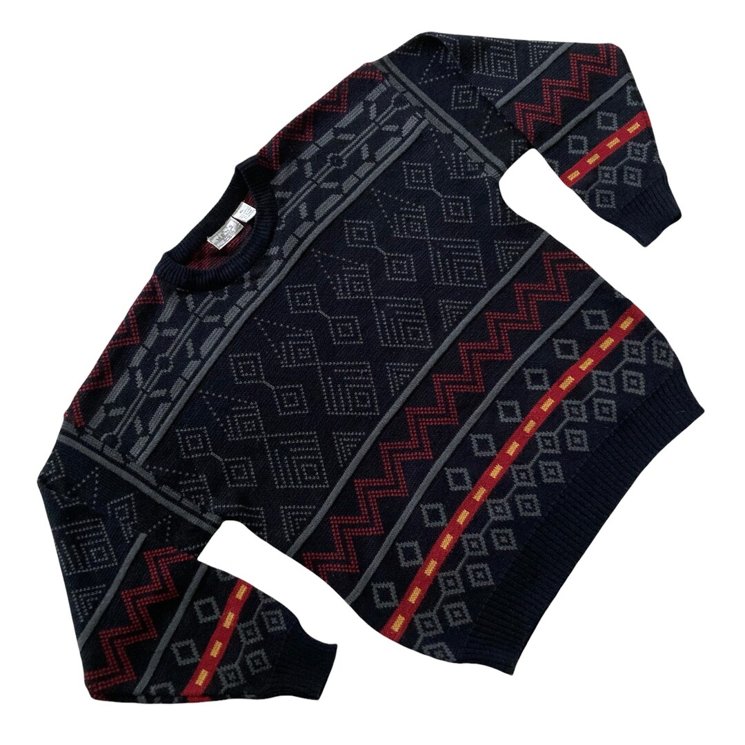 80s 90s Vintage Black and Red Geometric Dad Sweater Made by the Mens ...