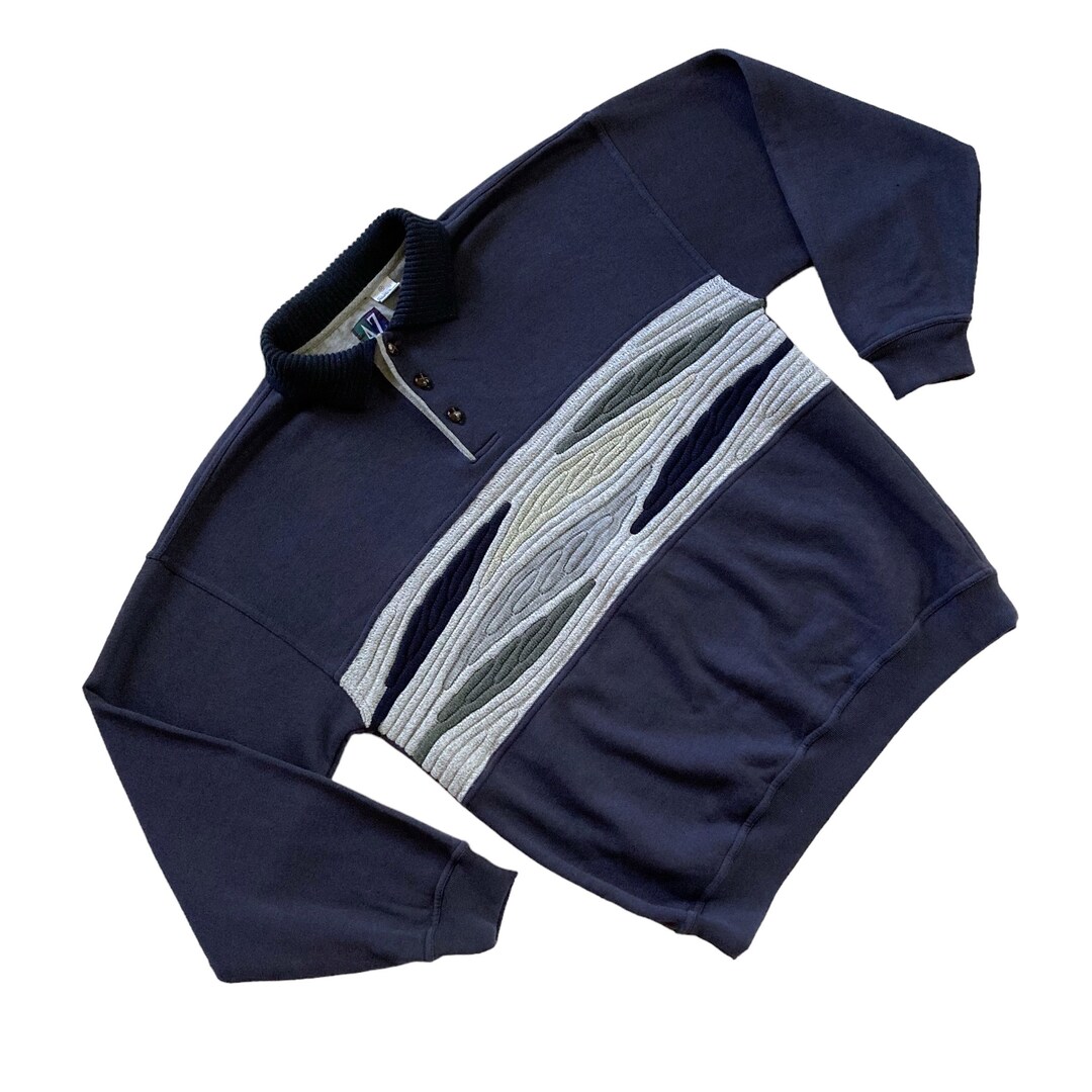 80s 90s Vintage Navy Blue Abstract Collared Sweatshirt Made by AZ Sport ...