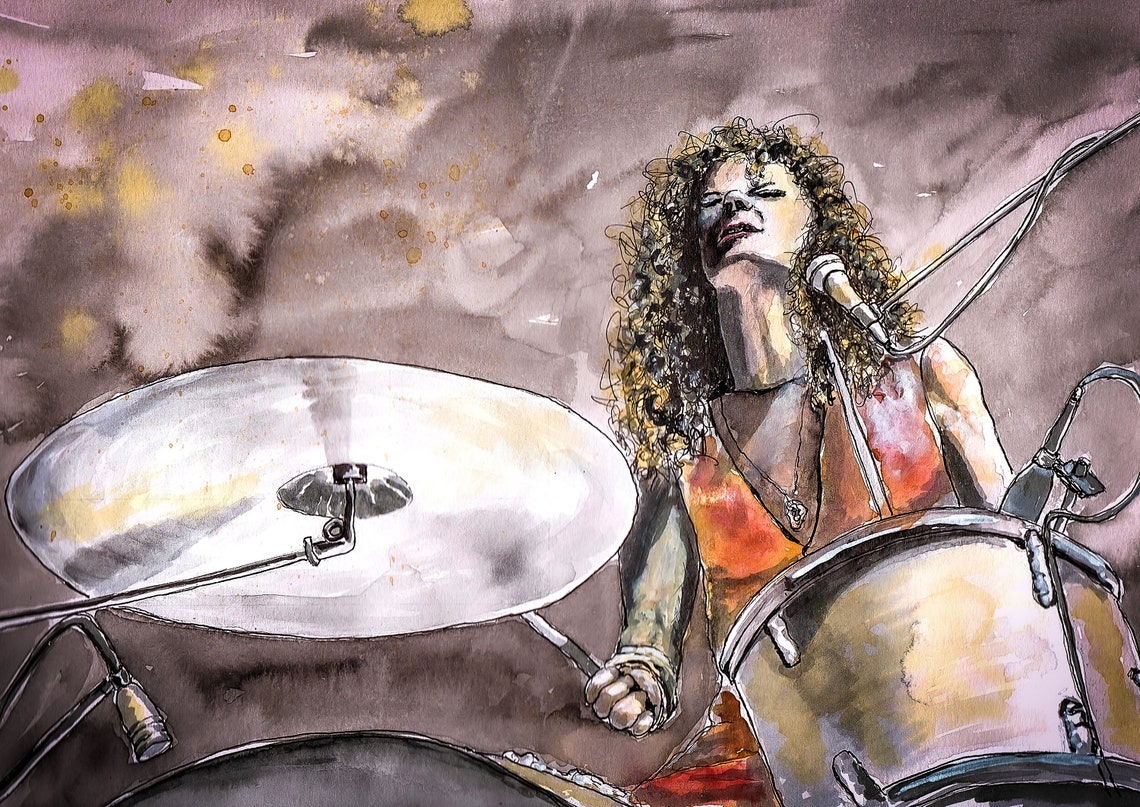 Girl on Drums Musician Pen and Ink Illustration A4 Art - Etsy