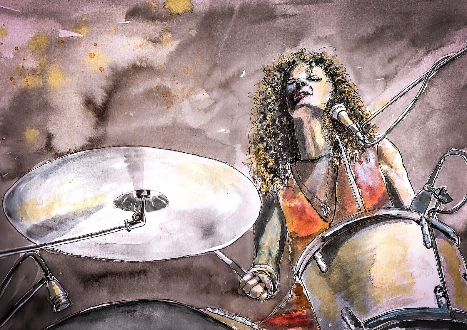 Girl on Drums Musician Pen and Ink Illustration A4 Art - Etsy