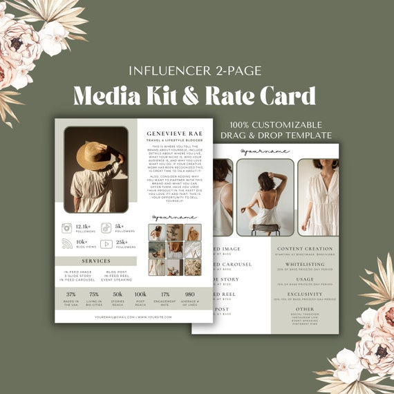 2 Page Media Kit Rate Card Template Influencer Media Kit | Etsy