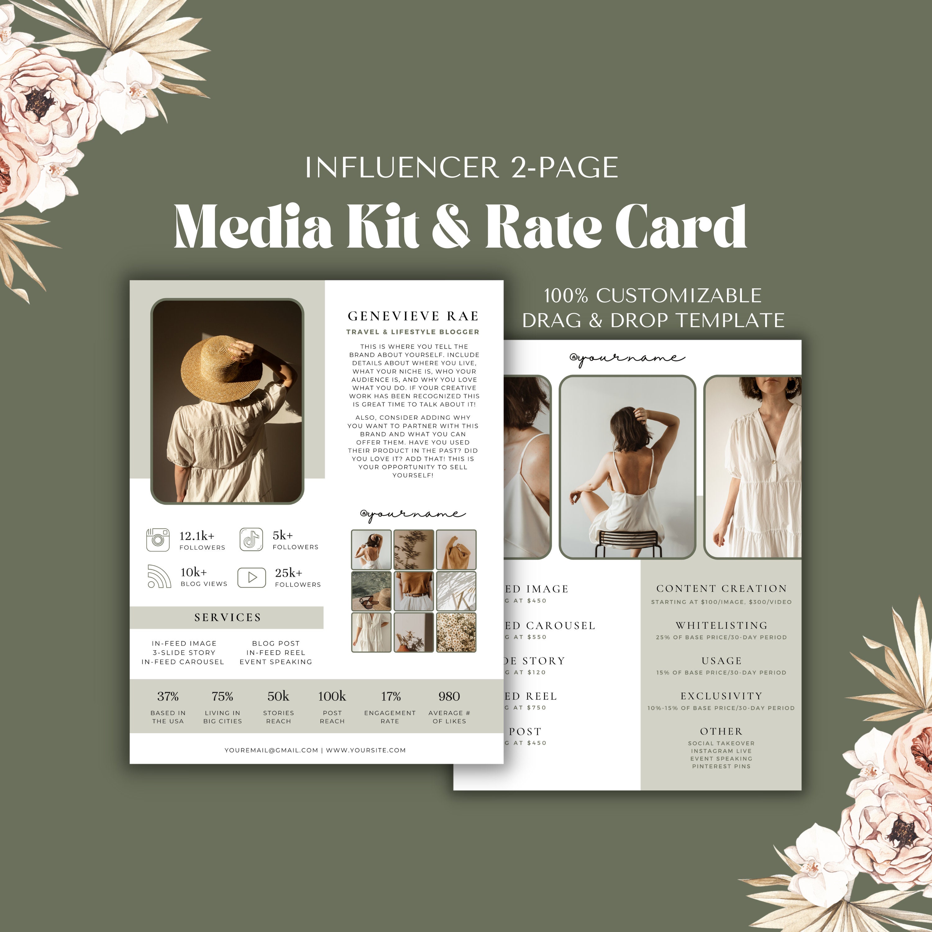 2 Page Media Kit, Rate Card Template | Influencer Media Kit | Blogger ...