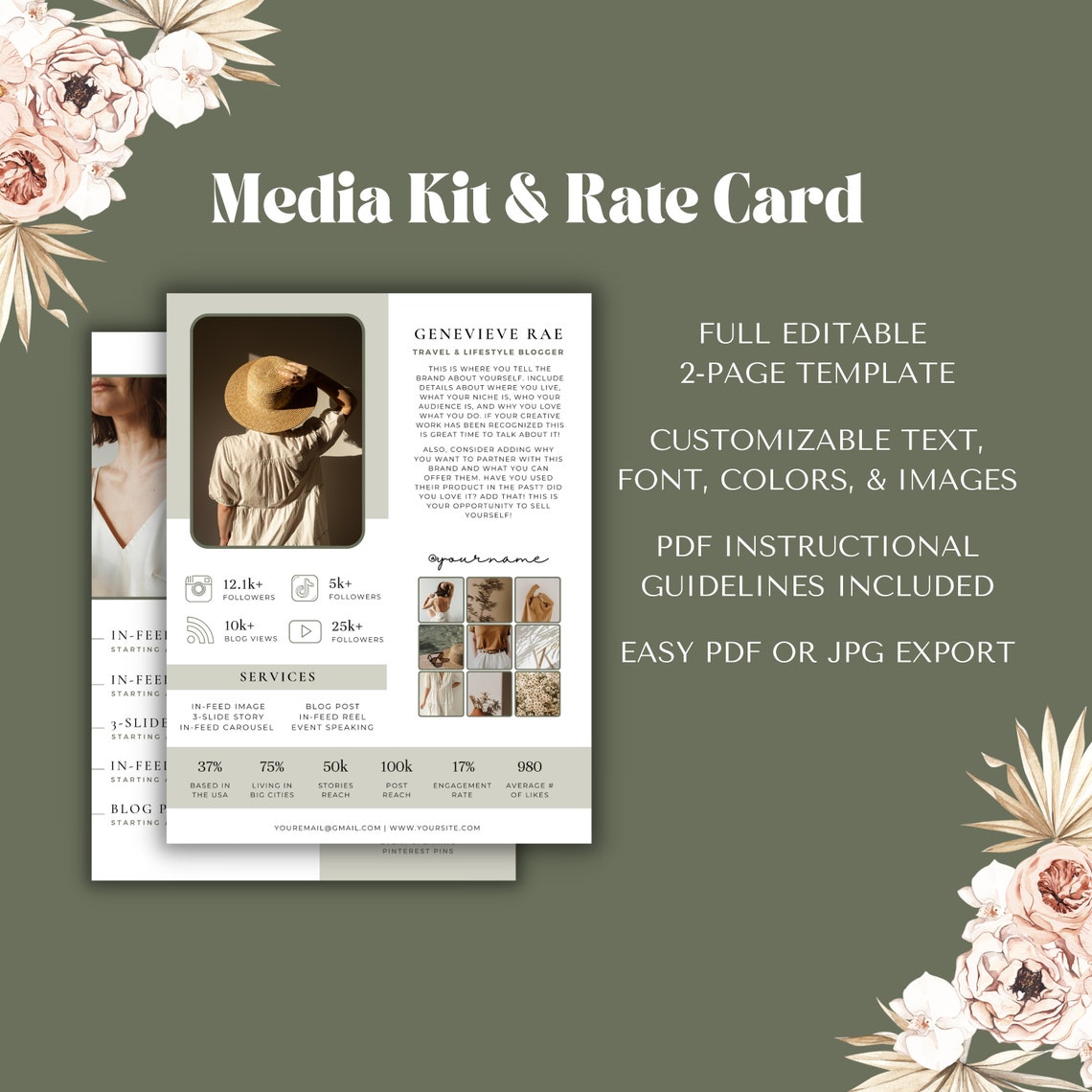 2 Page Media Kit, Rate Card Template | Influencer Media Kit | Blogger ...