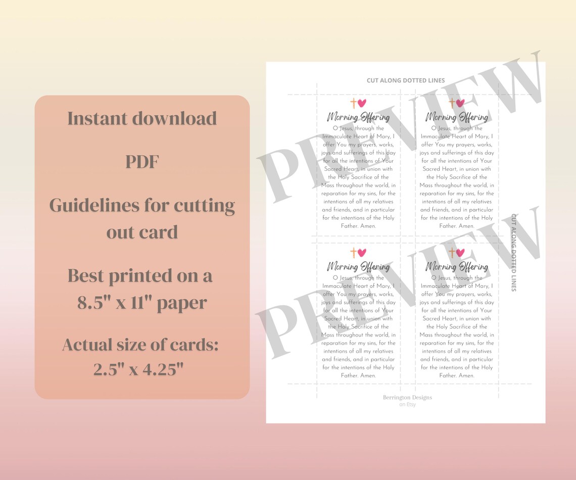 Morning Offering Prayer Card Printable Prayer Card Catholic - Etsy