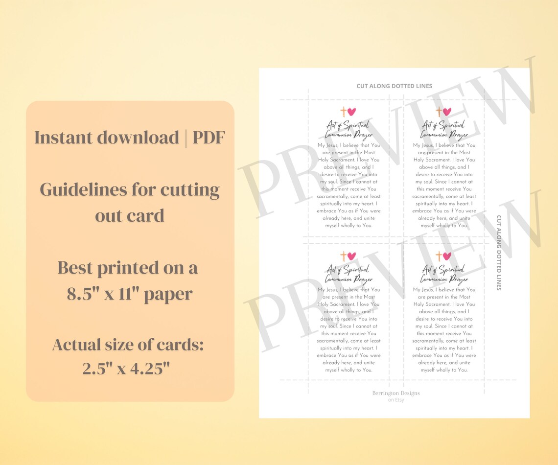 Act of Spiritual Communion Prayer Card Printable, Communion Prayer ...