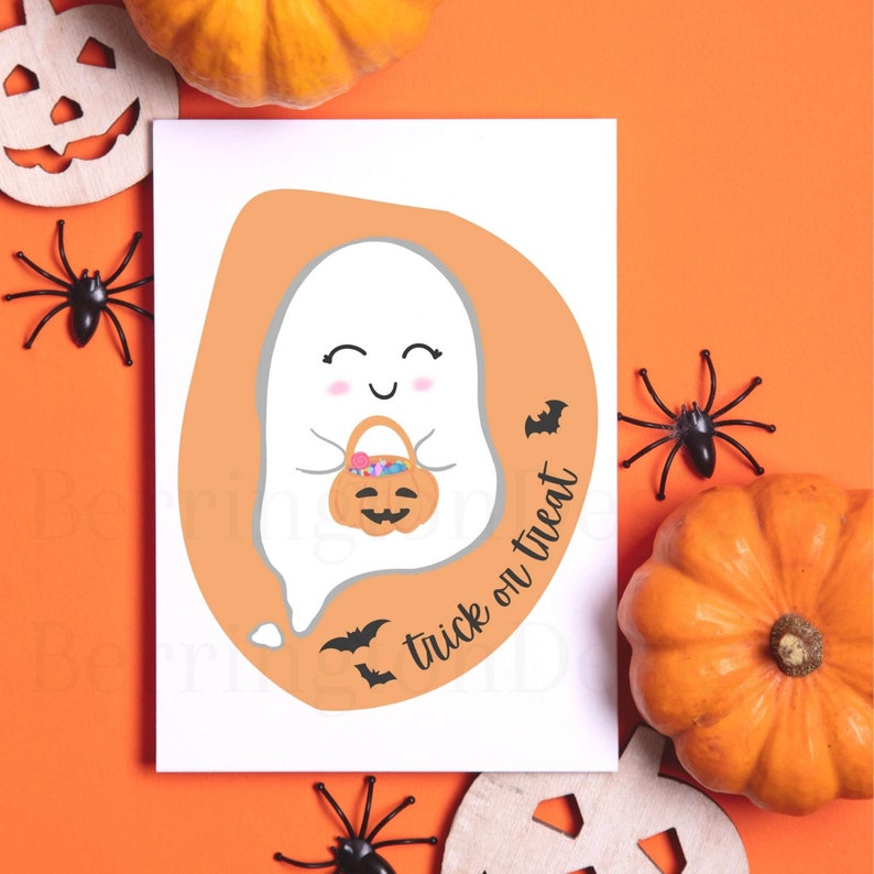 Printable Halloween Card, Trick or Treat, Cute Ghost Card, Pumpkin and ...