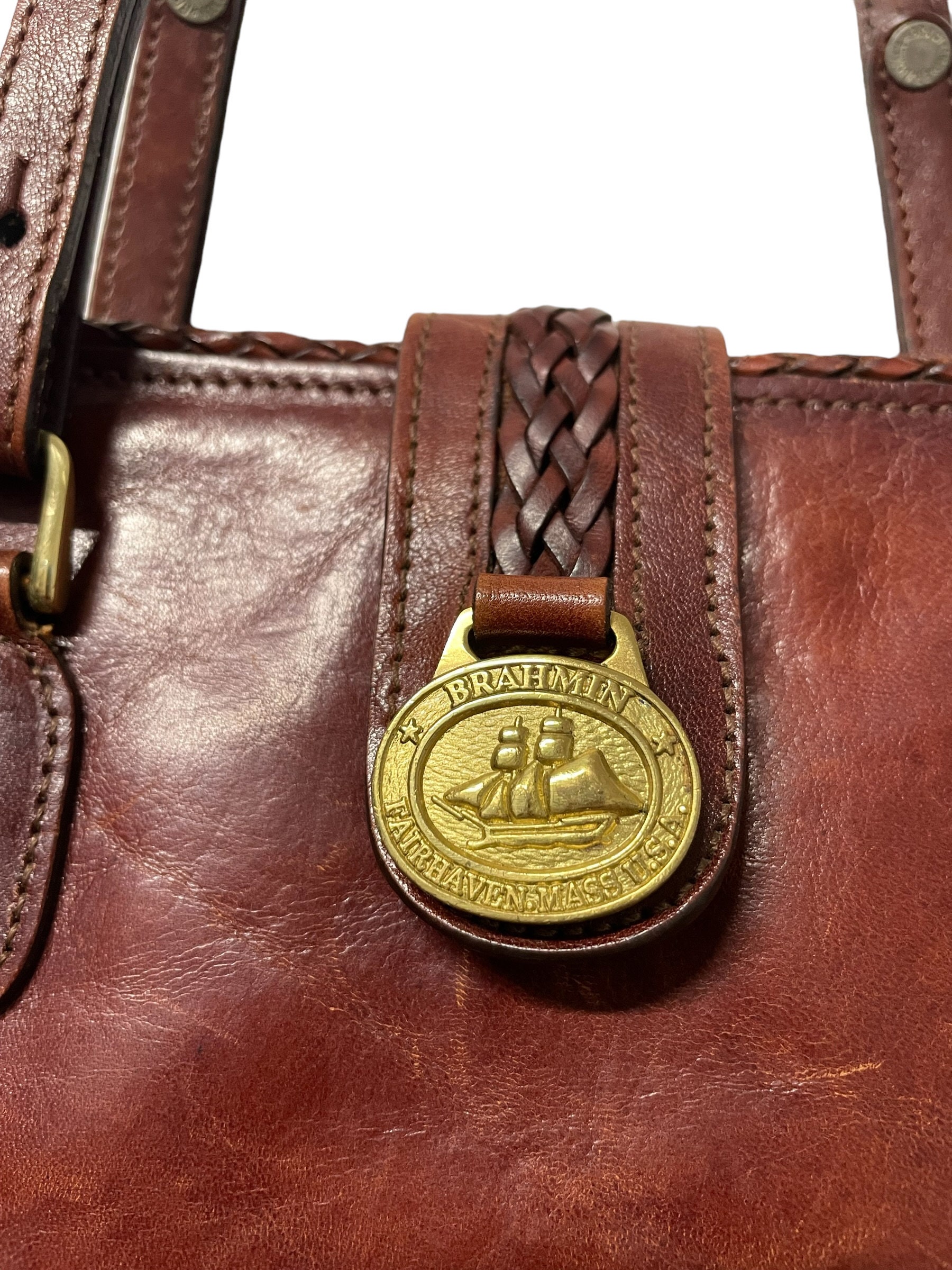 Vintage Brahmin RARE Cognac Brown Leather Structured Shoulder Bag Purse ...